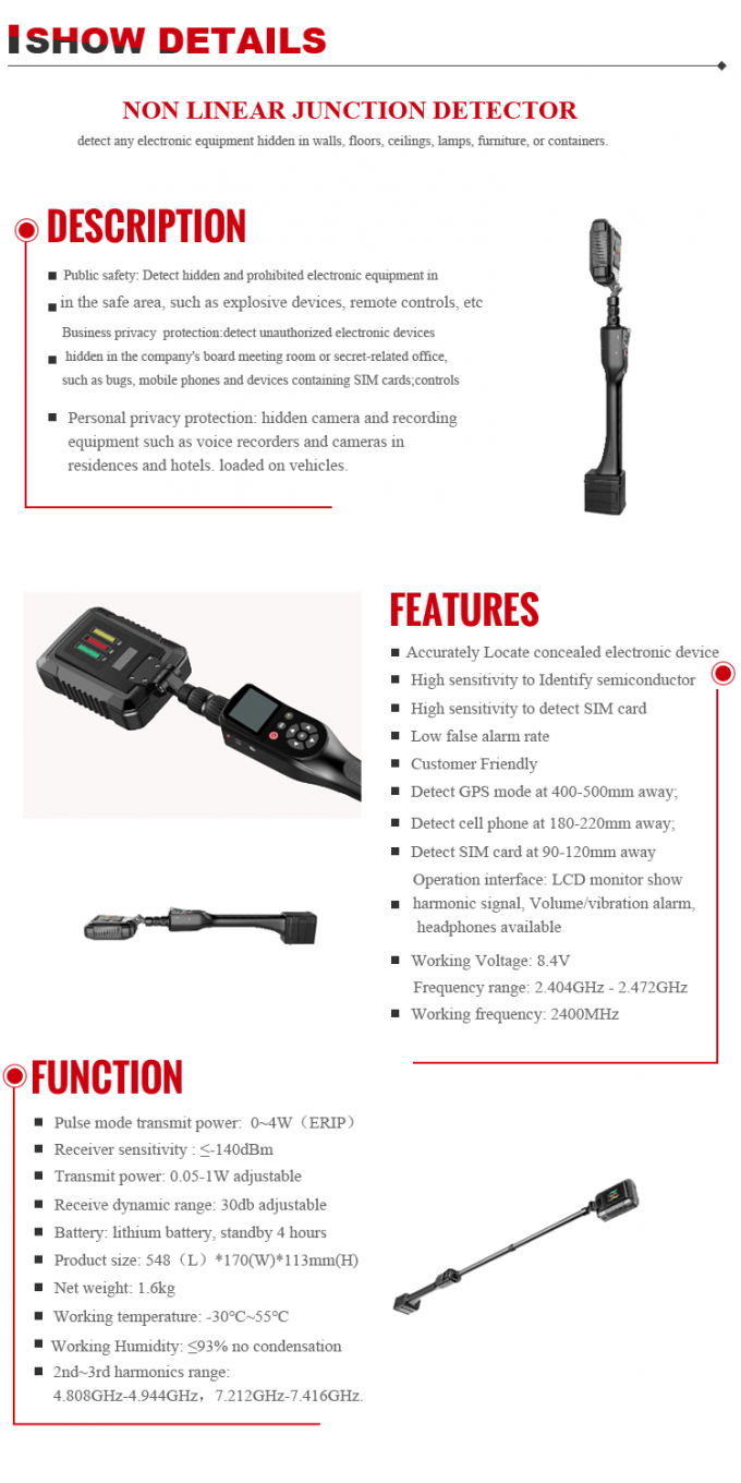 High sensitivity NLJD Non Linear Junction Detector With LCD Display